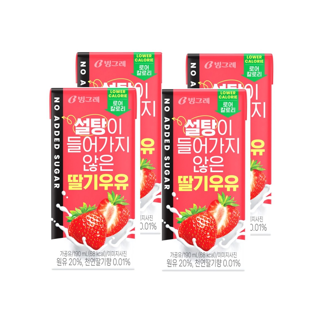빙그레 설탕이 들어가지 않은 딸기우유 (190ML*4입)ㅣ롯데마트 제타 최상의 신선 식품과 다양한 간편식을 롯데마트 제타에서 만나보세요